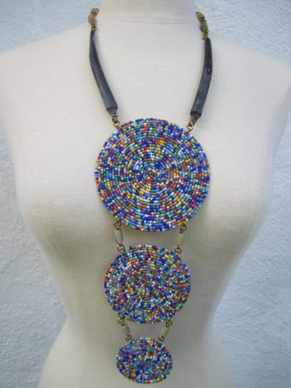 Triple Disc Necklace with Horn Bead Charanga Blue — Luangisa African ...