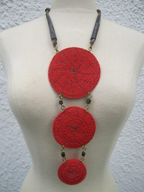 Triple Disc Necklace with Horn Red — Luangisa African Gallery