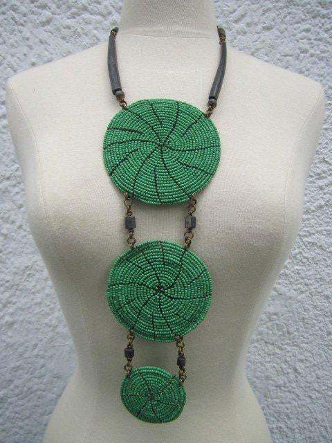 Triple Disc Necklace with horn Green — Luangisa African Gallery