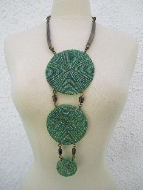Triple Disc Necklace with horn Metallic Green — Luangisa African Gallery